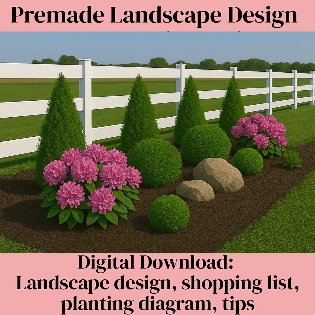 Fence Landscape Plan, Rhododendron Garden Bed, Evergreen Border Design ...