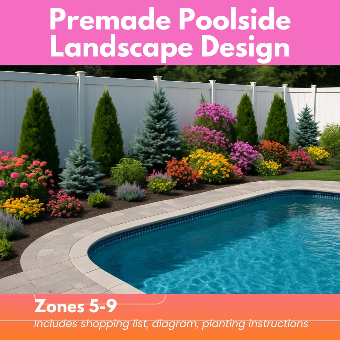 Premade Pool Landscape Design, Landscape Fence Design, Zone 5-9, Pool Fence Landscape, Fence ...