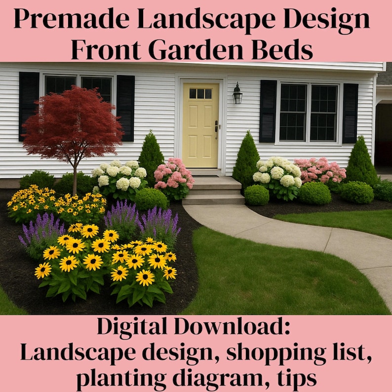 Premade Landscape Design, Front Landscape, Zone 5-9, Curb Appeal Landscaping, Evergreen ...
