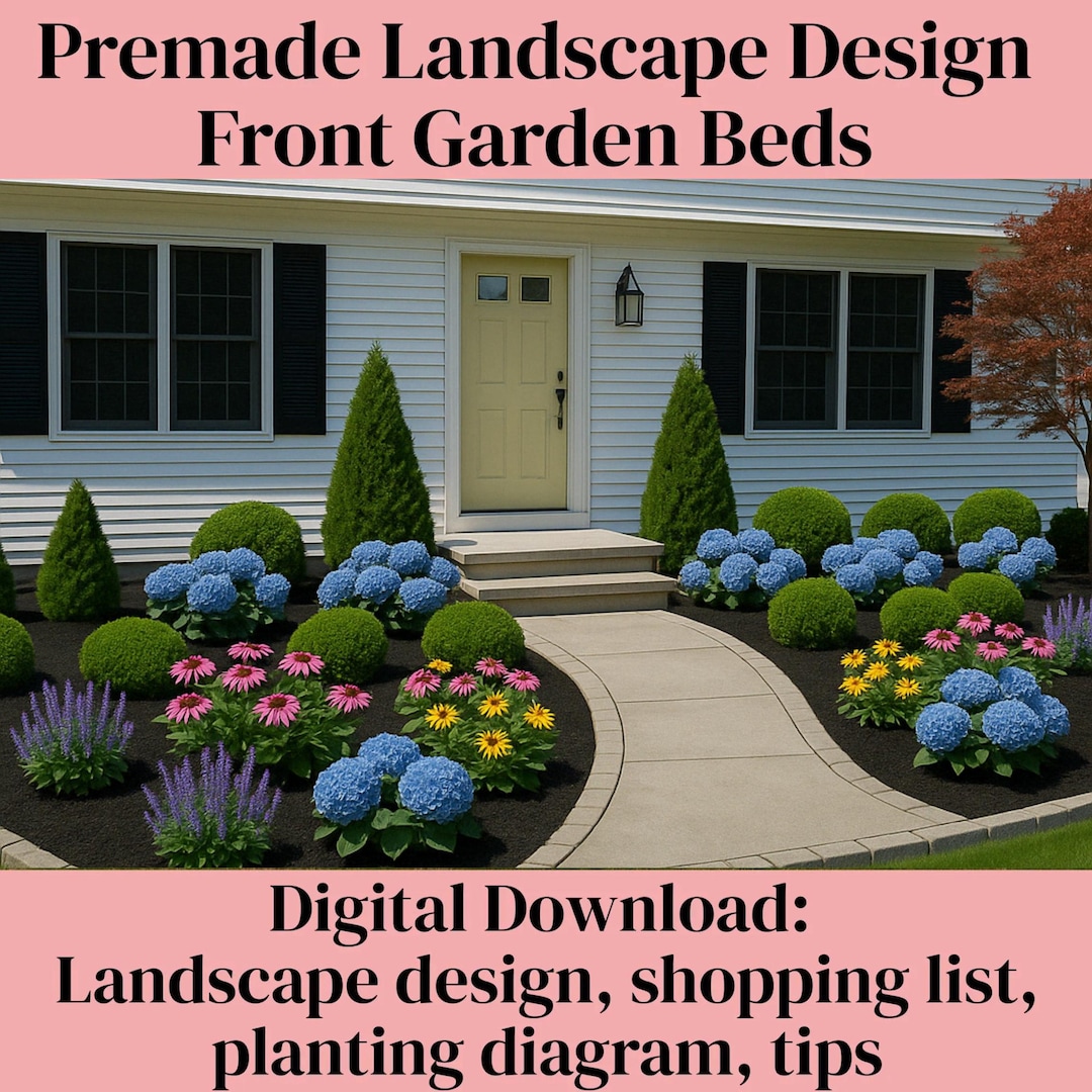 Premade Landscape Design, Front Landscape, Zone 5-9, Curb Appeal Landscaping, Evergreen ...
