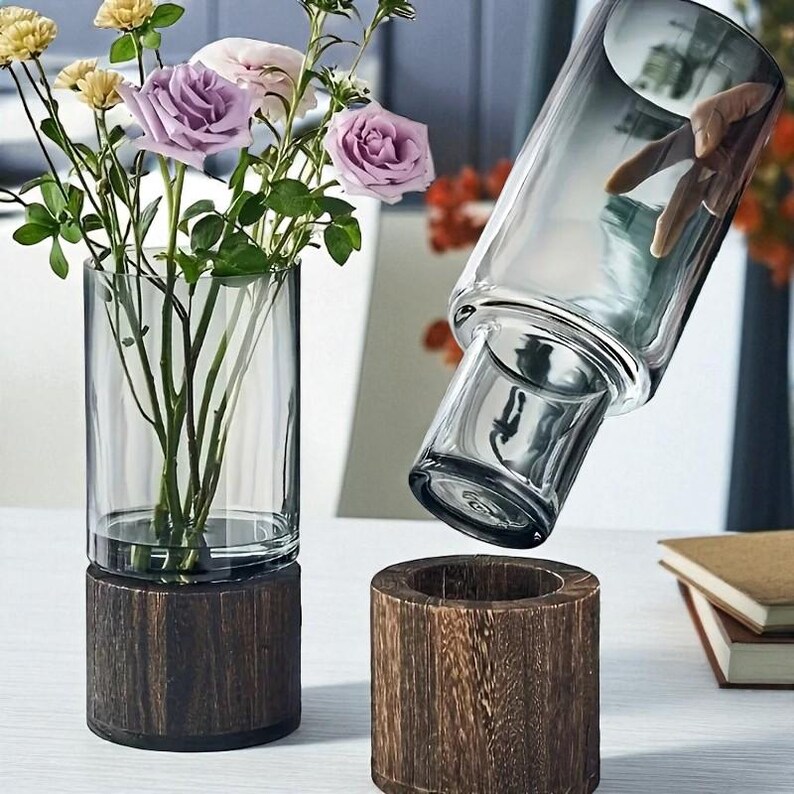 Retro Glass and Wood Vase - Modern Flower Holder (10x25cm) - Etsy