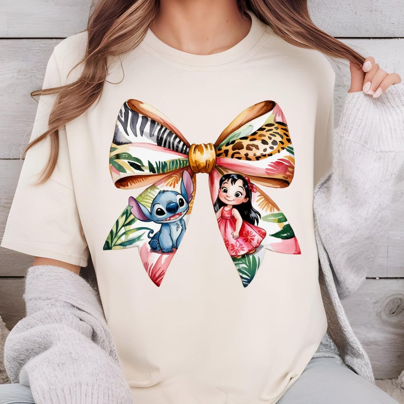 Stitch Coquette DTF, Safari Lilo and Stitch DTF Transfer, Cartoon Character Shirt Png Design ...