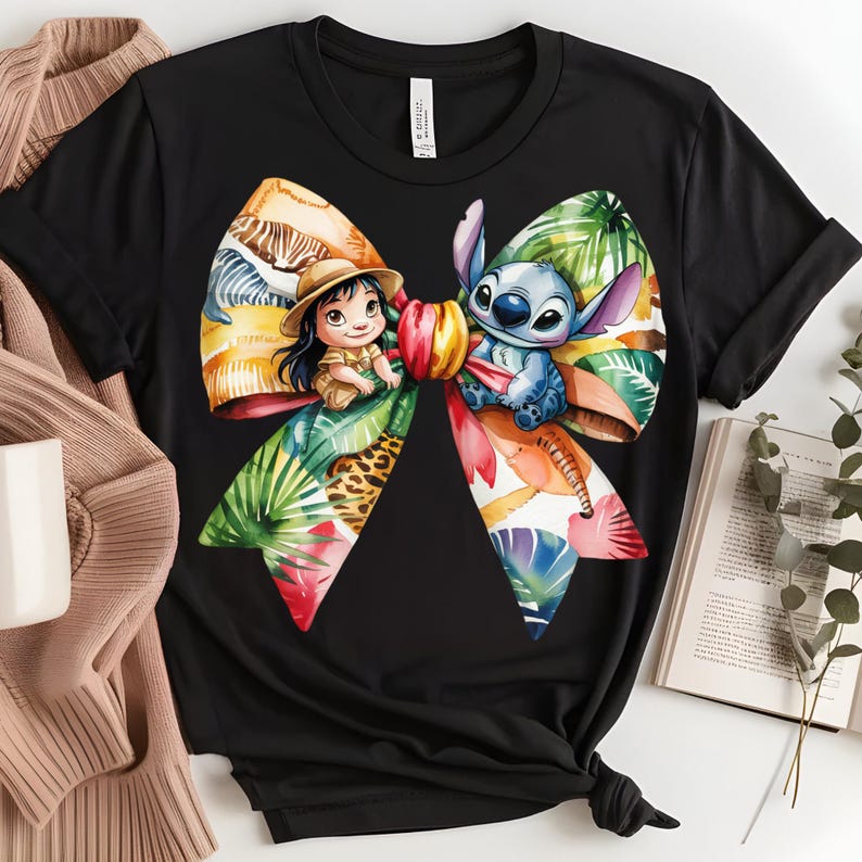 Stitch Coquette DTF, Safari Lilo and Stitch DTF Transfer, Cartoon Character Shirt Png Design ...