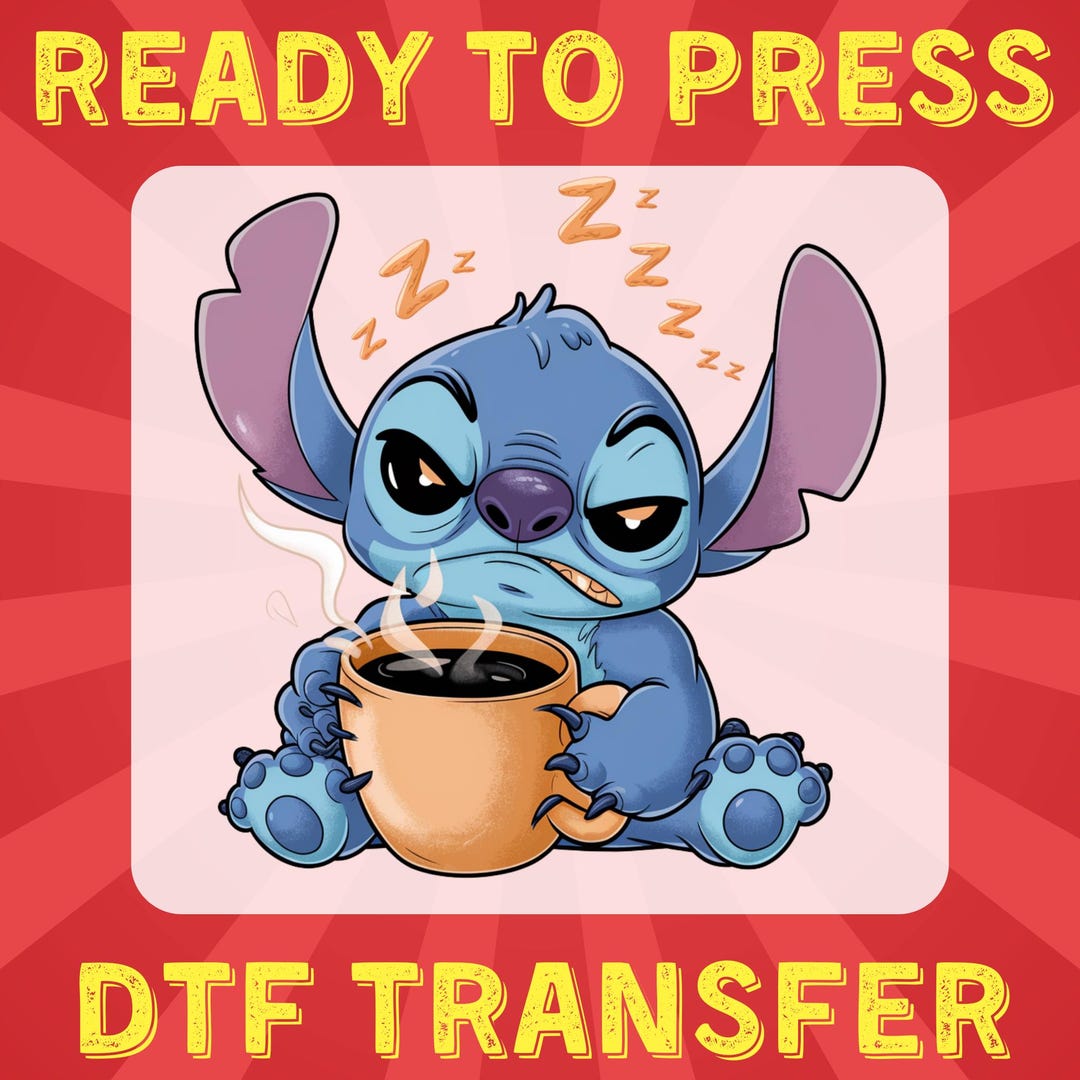 Stitch Coffee DTF Transfer | Funny Cartoon Heat Transfer Design - Etsy