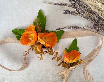 Burnt Orange Poppy Buttonhole and Corsage Set Autumn Wedding ...