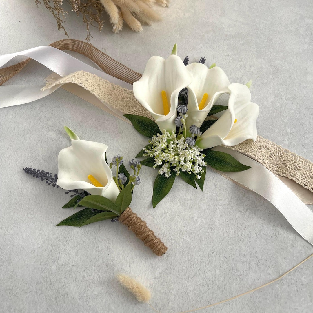 White Calla Lily Buttonhole and Corsage Set Boutonnières for Prom Lily ...