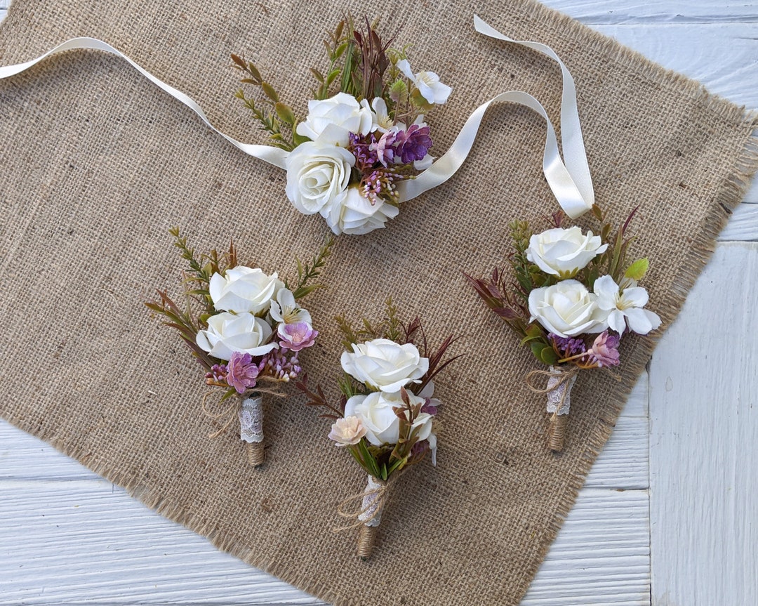 White Rose Rustic Lace Buttonhole, Rustic Twine Boutonnière, Bridal ...