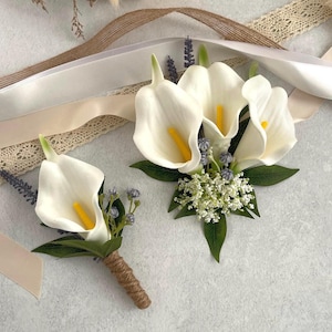 White Calla Lily Buttonhole and Corsage Set Boutonnières for Prom Lily ...