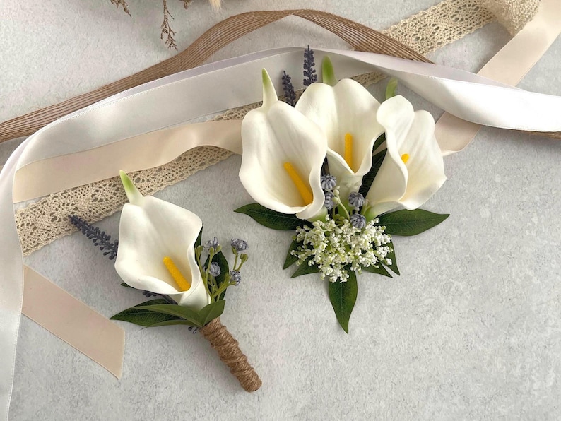 White Calla Lily Buttonhole and Corsage Set Boutonnières for Prom Lily ...