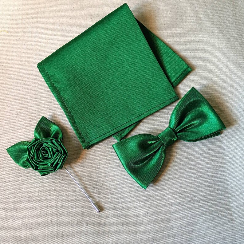 Emerald Green Bow Tie, Rose Lapel Pin & Pocket Square, Emerald Green ...