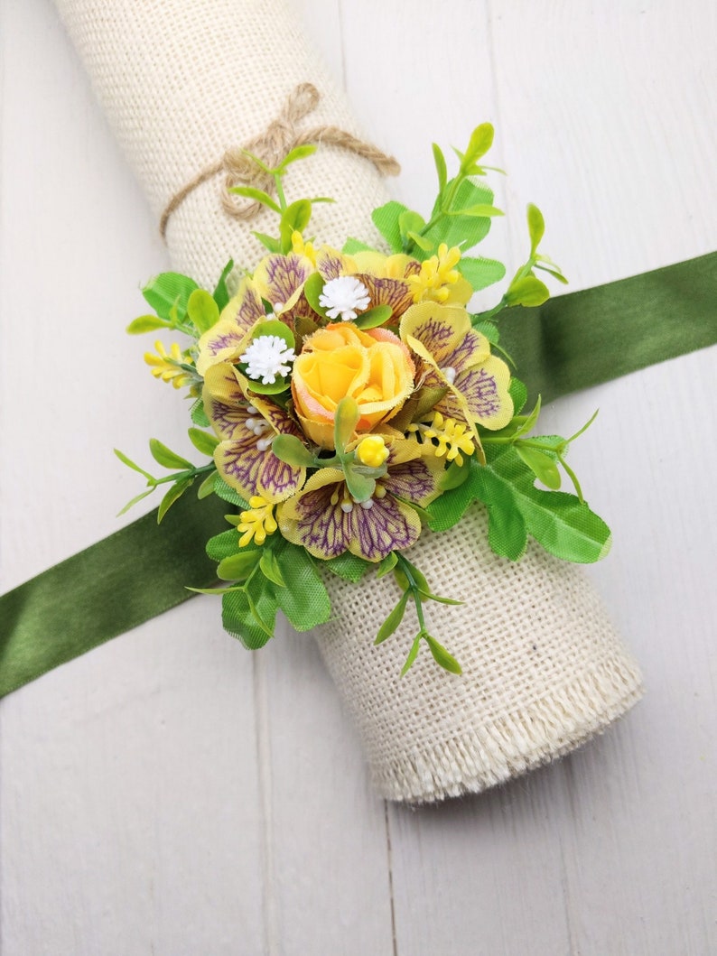 Wild Flowers Bridal Corsage, Bridal Wrist Corsage, Green Yellow ...