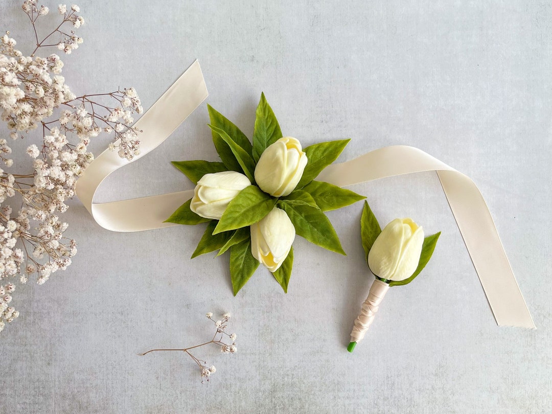 Pale Yellow Tulip Corsage, Tulip Buttonhole for Groom, Bridesmaids ...