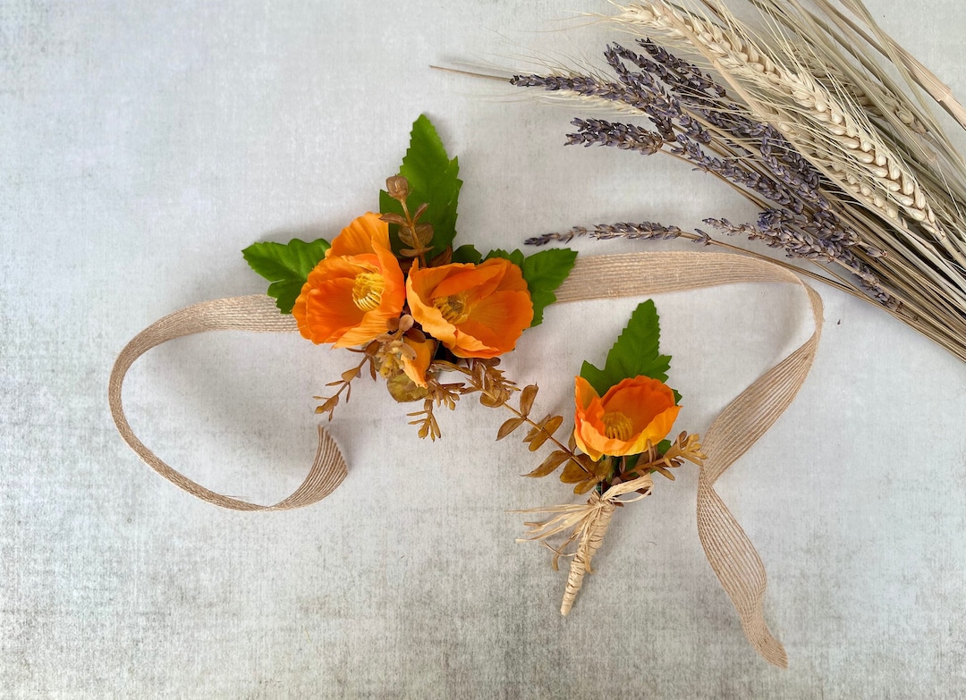 Orange Poppy Buttonhole and Corsage Set Autumn Wedding Boutonnières for Prom Poppy Wrist Rustic ...