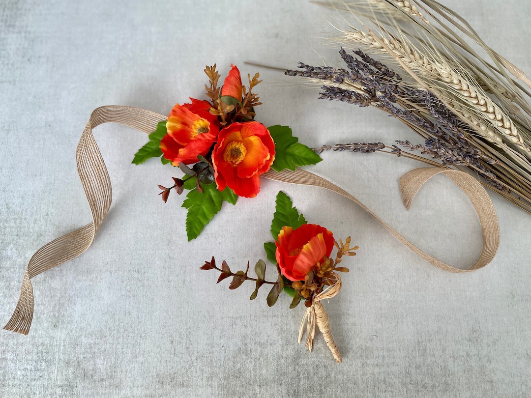 Burnt Orange Poppy Buttonhole and Corsage Set Autumn Wedding Boutonnières for Prom Poppy Wrist ...