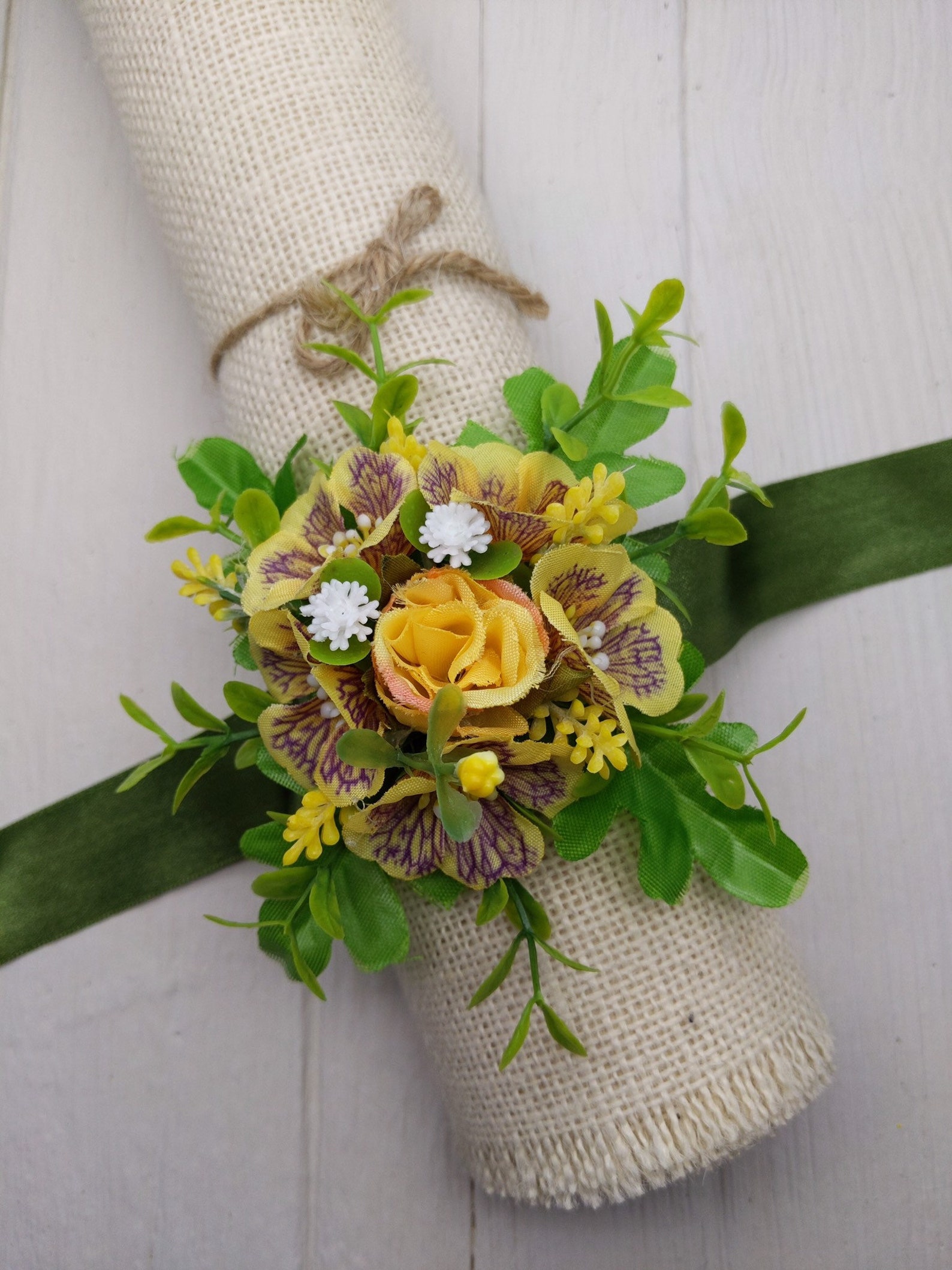 Wild Flowers Bridal Corsage, Bridal Wrist Corsage, Green Yellow ...