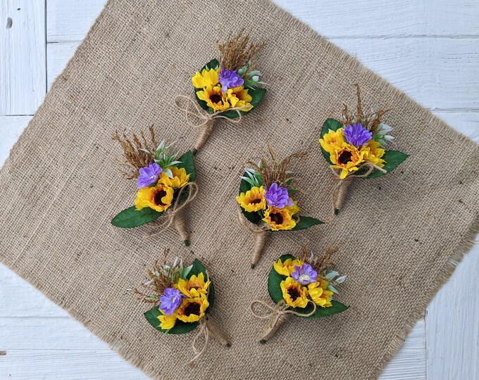 Small Sunflower Buttonhole, Purple Flower With Sunflower Pin for Groom ...