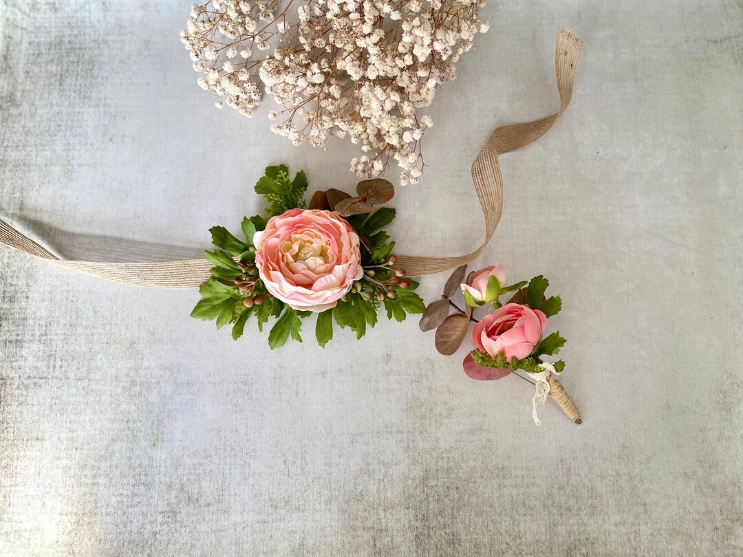 Blush Pink Ranunculus Buttonhole and Corsage Set Wedding Boutonnières ...