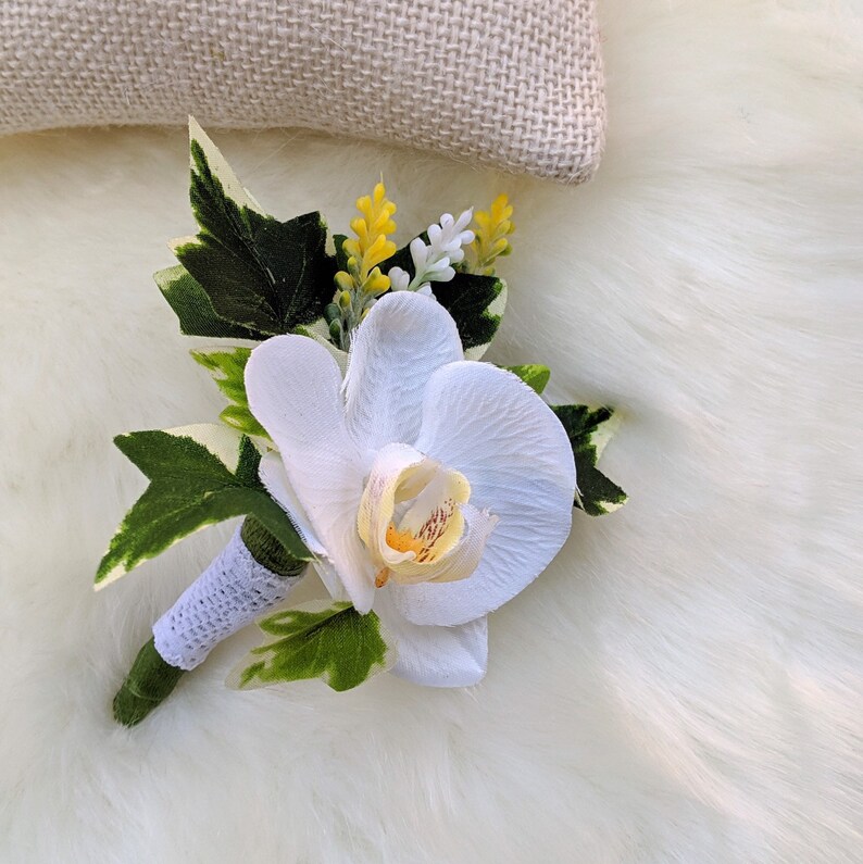 White Orchid Buttonhole, White Green Boutonnières, Buttonhole for Groom ...