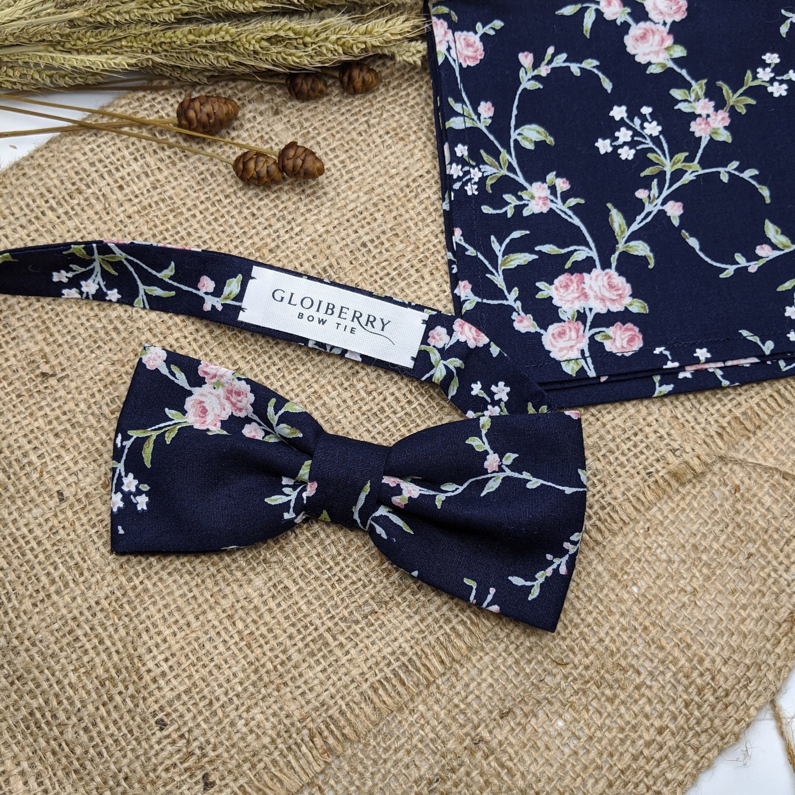 Men Navy Floral Bowtie for Wedding, Floral Bow Tie, Pocket Square, Mens ...