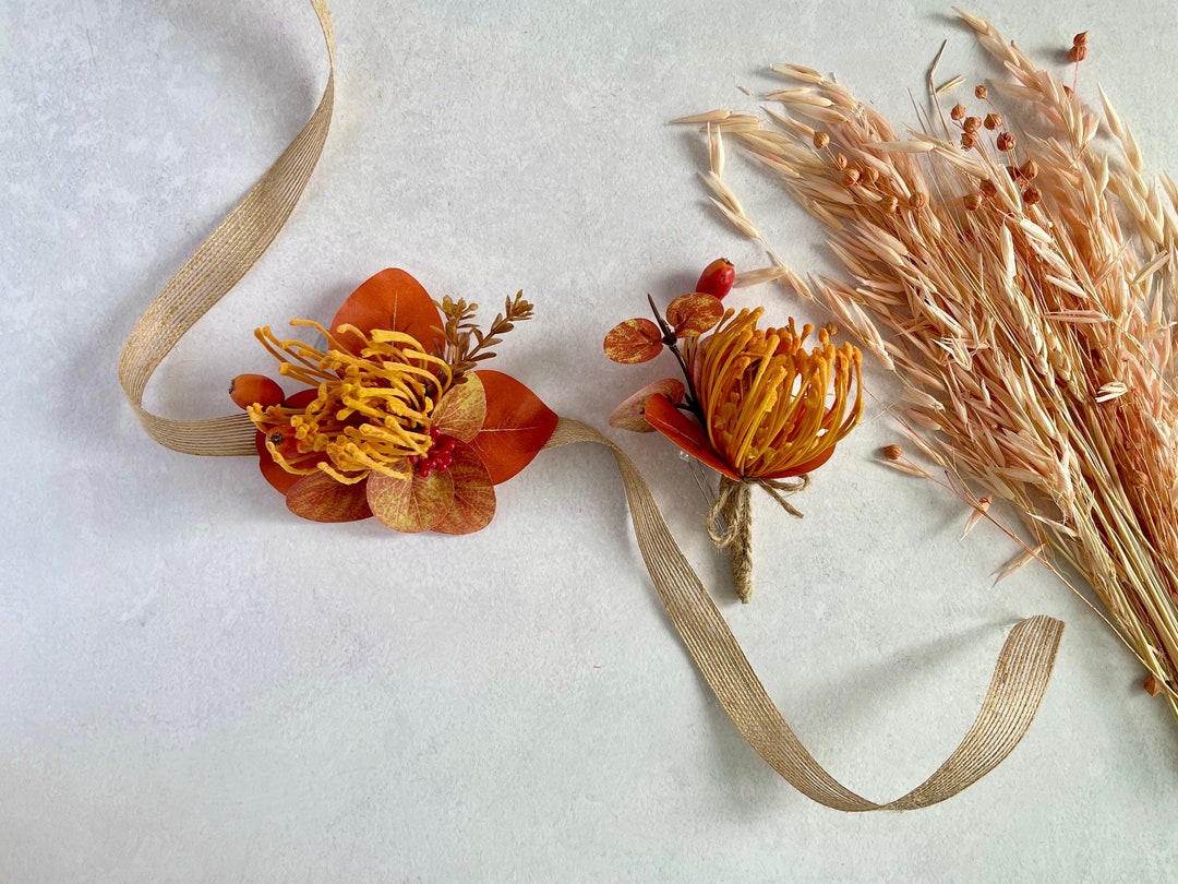 Rust Buttonhole and Corsage Set Burnt Orange Autumn Wedding Boutonnières for Prom Rustic Wrist ...