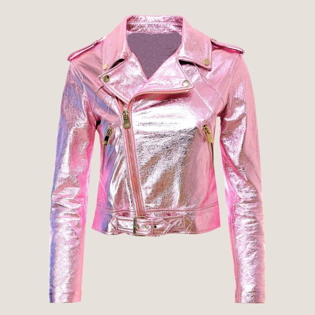 Handmade Metallic Pink Leather Jacket – Women's Cropped Motorcycle ...