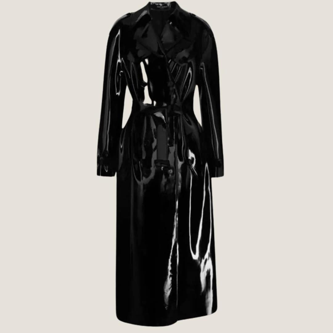 Shiny Black Patent Leather Trench Coat - Double-breasted Belted ...