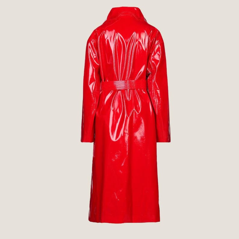 Red Shiny Vinyl Trench Coat for Women – Long Belted Waterproof Raincoat ...