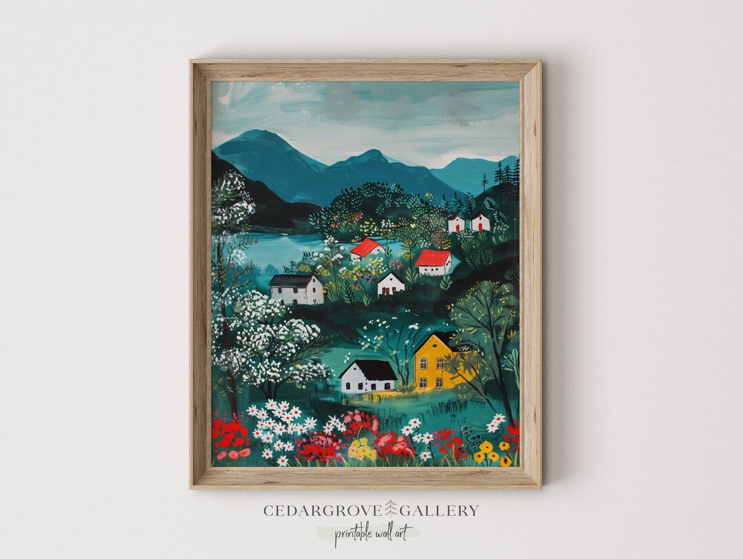 Cottagecore Village Landscape Painting: Rustic Mountain Lake (digital ...