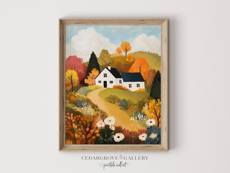 Fall Cottage Landscape Print: Rustic Floral Garden Wall Art (digital ...