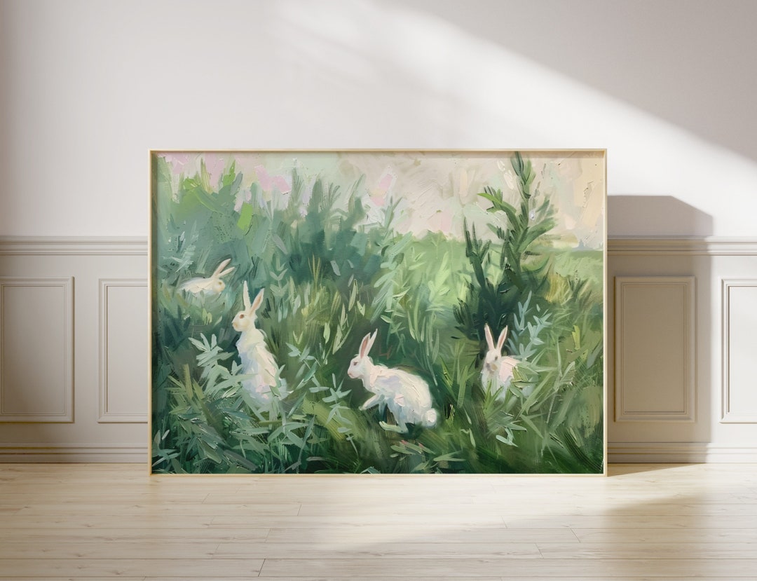 White Bunny Landscape Painting | Rabbit Printable Wall Art | Rabbit Art ...