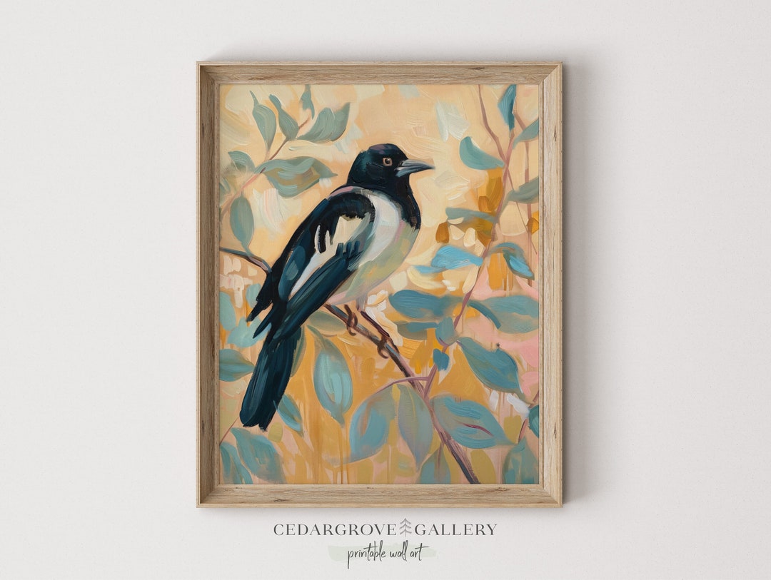 Magpie Painting | Bird Tree Print | Nature Bird Landscape Decor ...