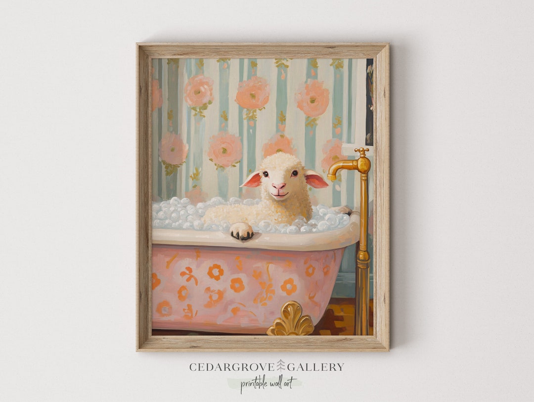 Printable Bathroom Wall Art | Cute Sheep Bathing on a Vintage Bathtub ...