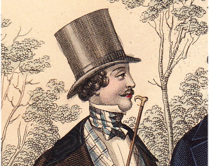 1844 Antique Victorian FASHION Lithograph. Jane Eyre Era, French Men ...