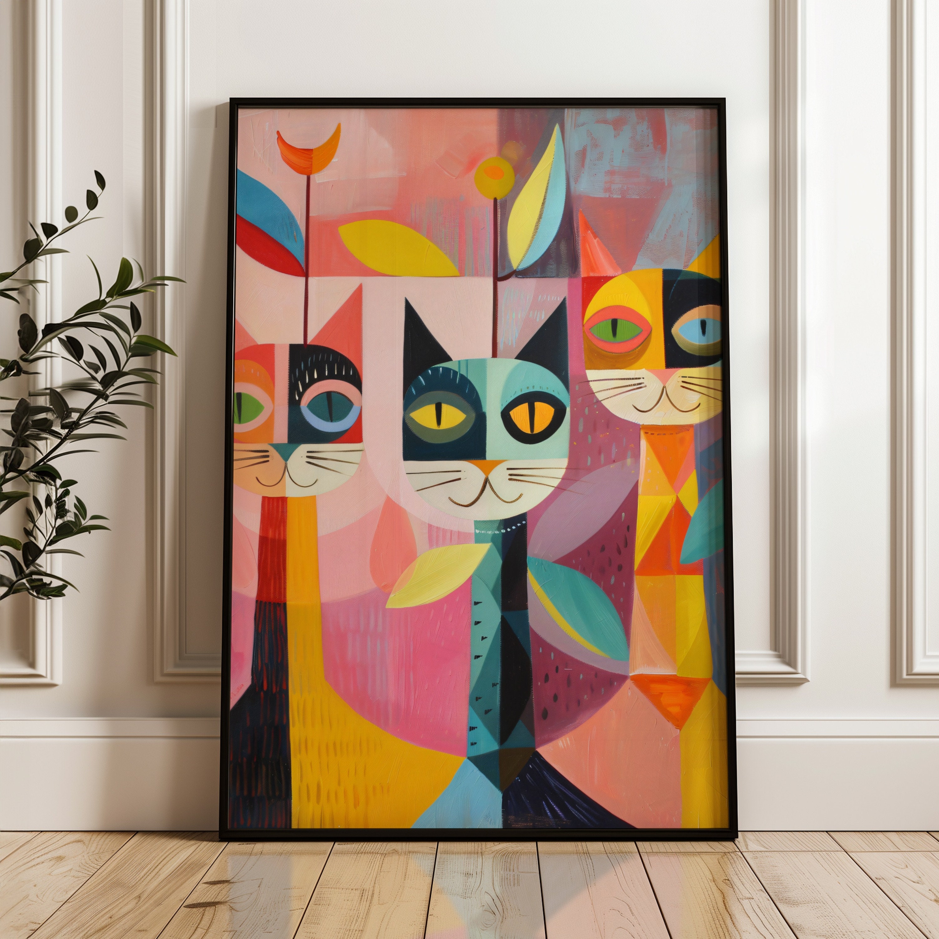 Mid-century Modern Cat Print: Colorful Geometric Cats Wall Art (digital ...