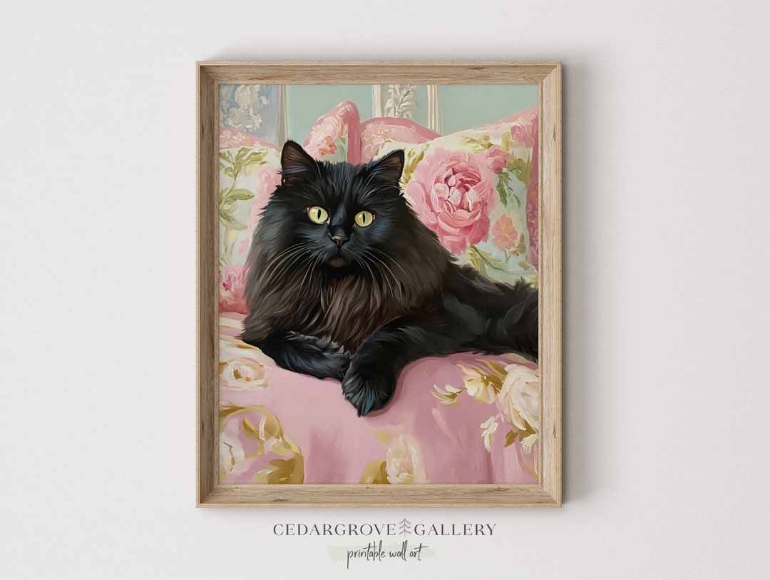 Black Angora Cat Printable Painting | Bedroom Decor Wall Art | Pink ...