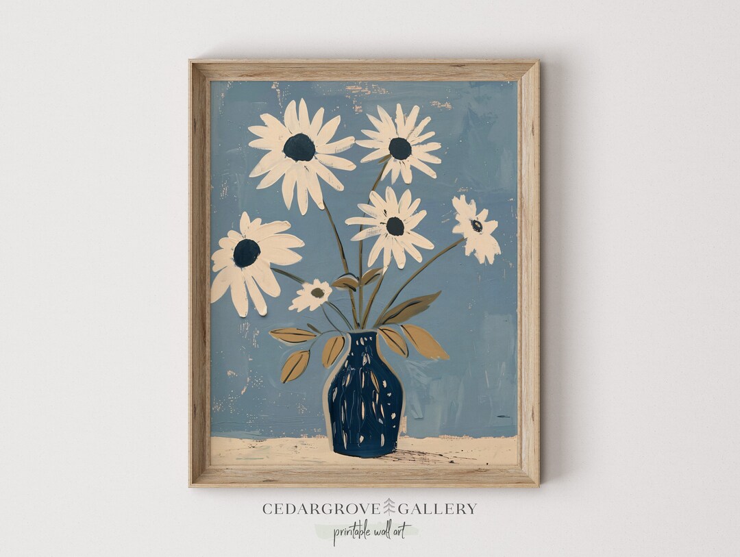 Daisies in Vase Still Life Print: Muted Blue Kitchen Decor (digital ...