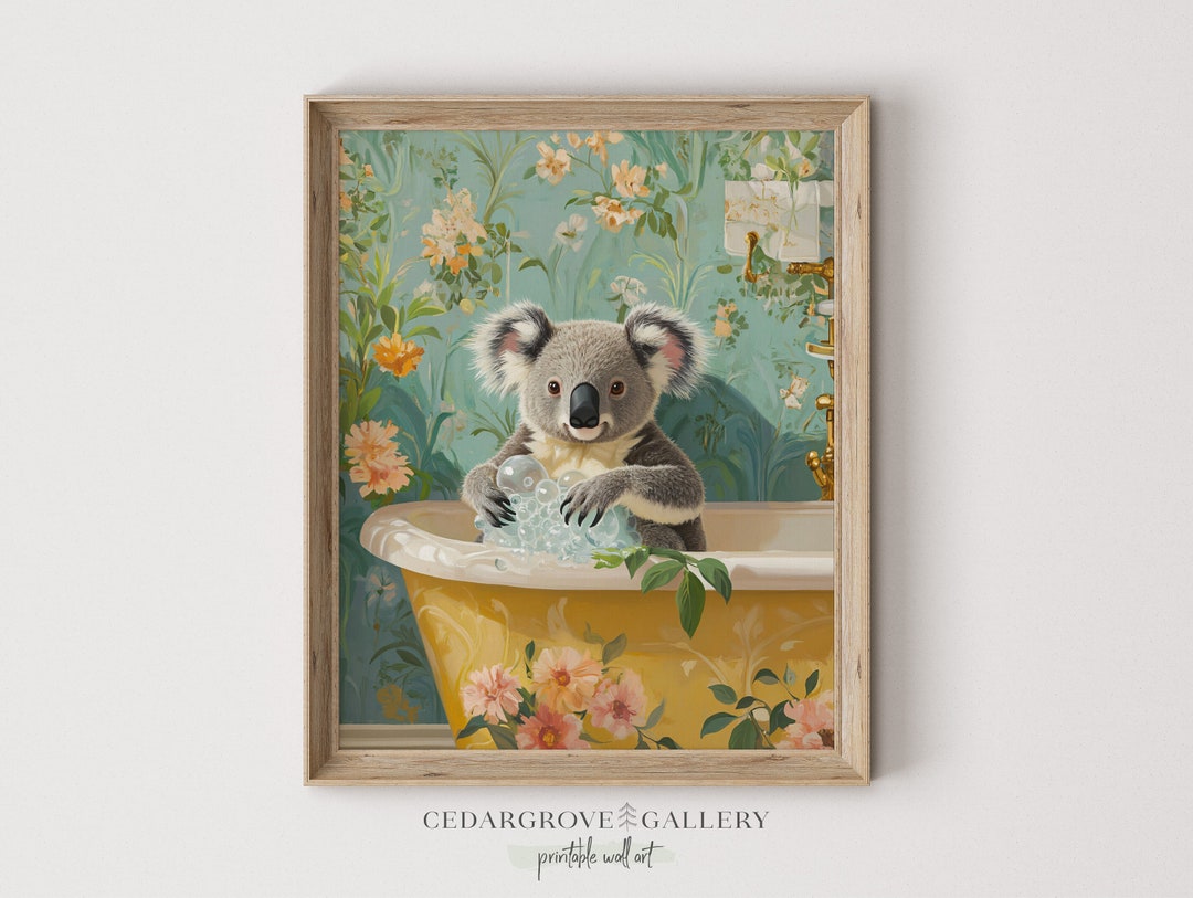 Printable Bathroom Wall Art | Cute Koala Bathing on a Vintage Bathtub ...