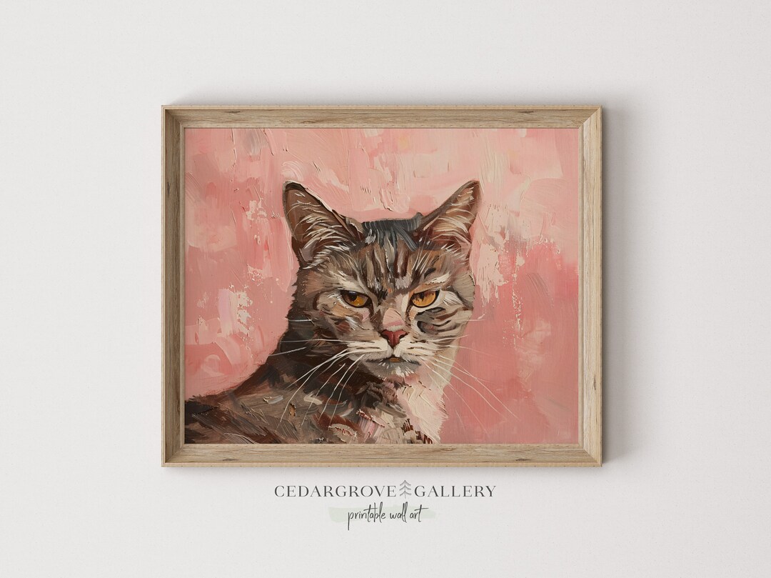 Cat Grumpy Painting | Cat Printable Wall Art | Pink Tones Decor ...