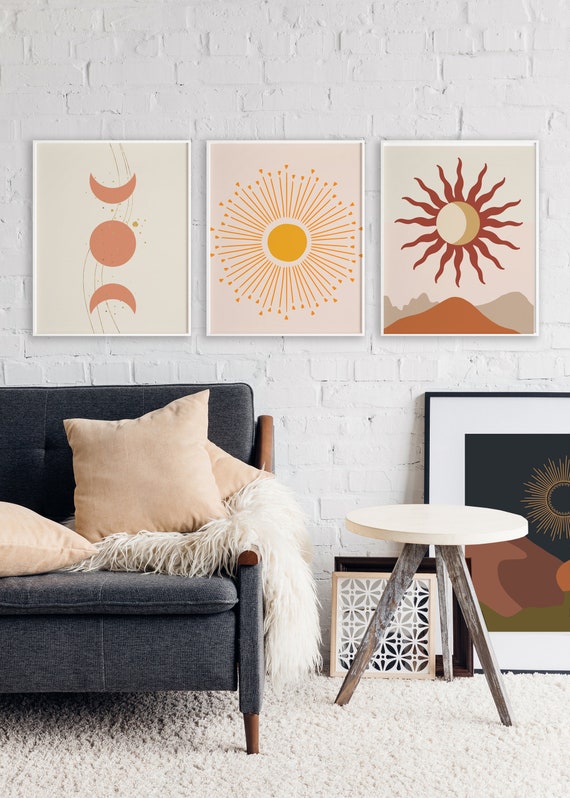 Minimalist Sun & Moon Art Print SET of 3 Geometric and | Etsy