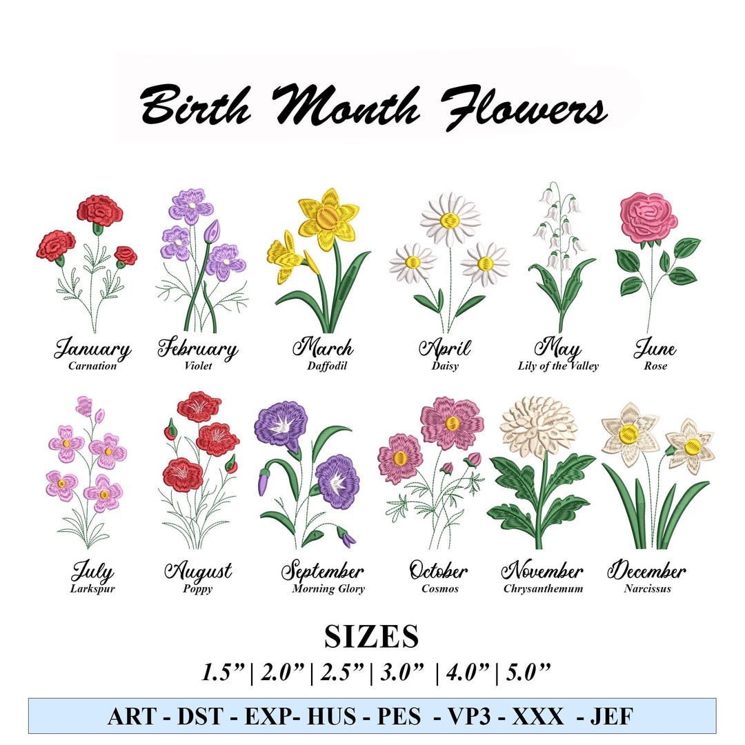 Birth Month Flower Embroidery Bundle | 12 Floral Machine Embroidery ...