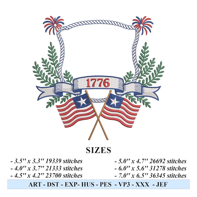 Patriotic Embroidery Design, 1776 Crossed Flags With Laurel and ...