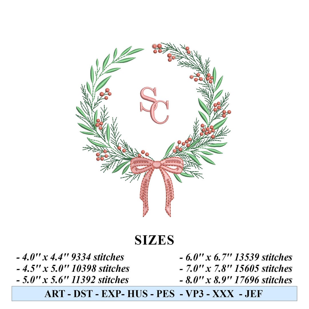 Floral Monogram Wreath Embroidery Design With Bow, Elegant Greenery ...