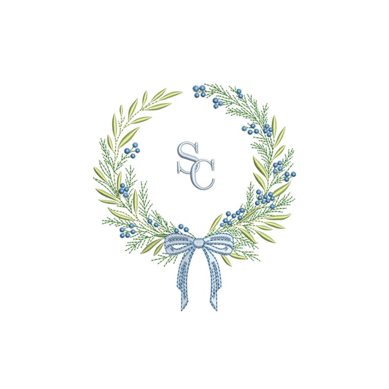 Floral Monogram Wreath Embroidery Design With Bow, Elegant Greenery ...