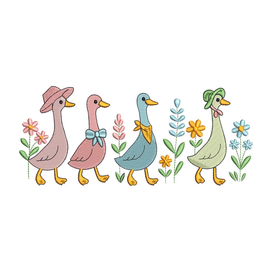 Pastel Goose Parade Embroidery Design, Cute Baby Geese With Hats and ...