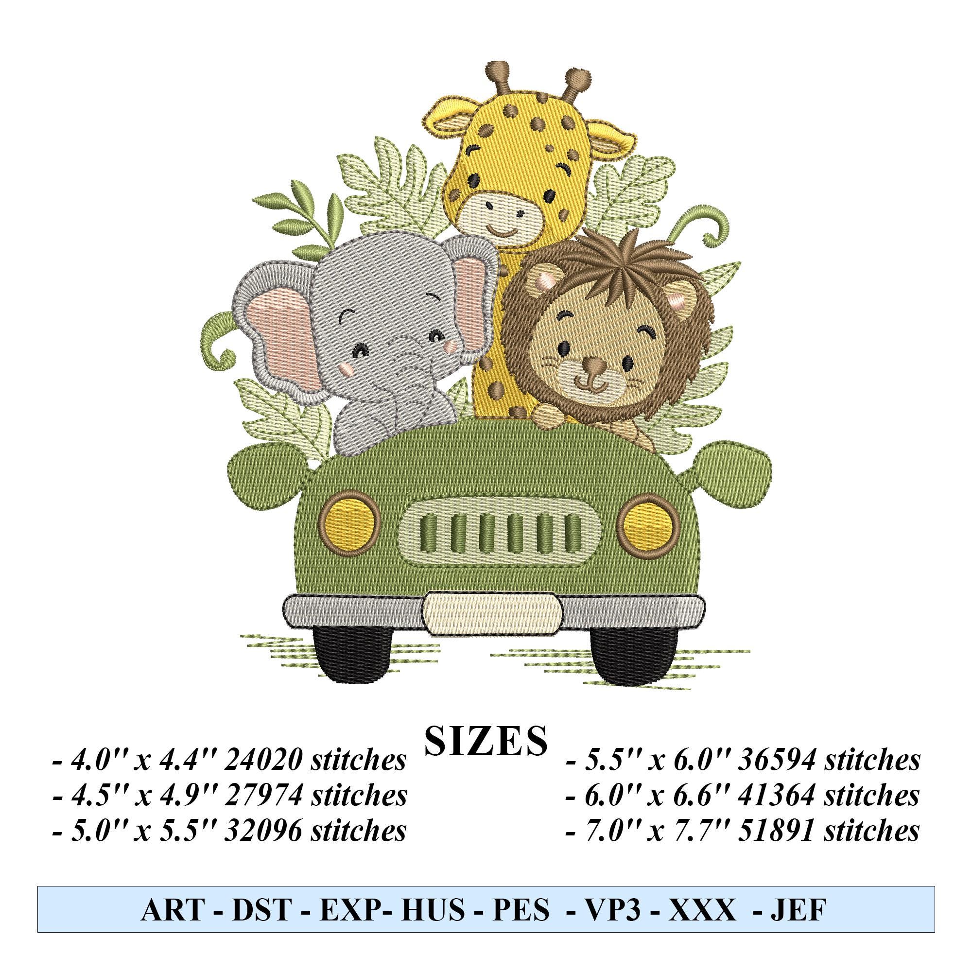 Safari Animal Embroidery Design - Cute Lion Elephant Giraffe in Jeep ...