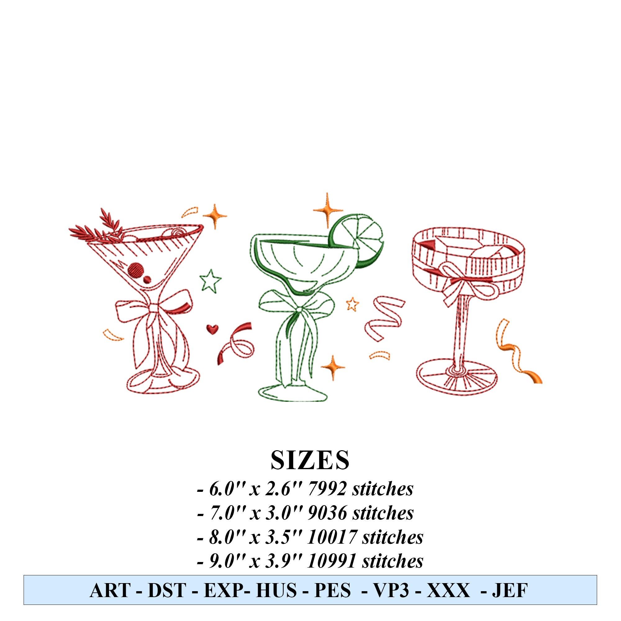 Cocktail Glasses Embroidery Design – Festive Holiday Drinks Outline ...
