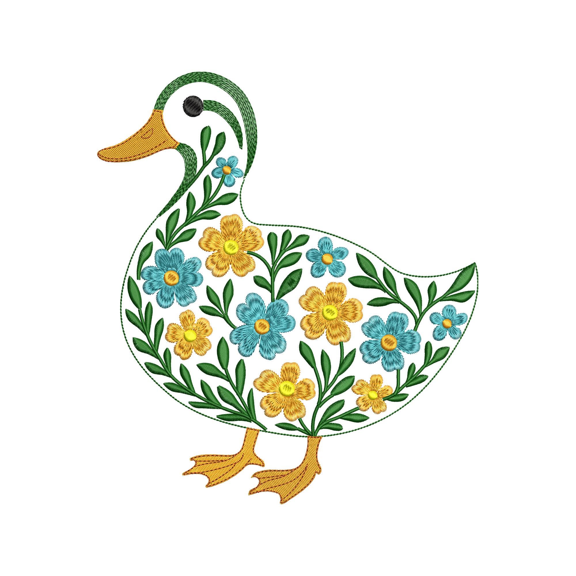 Floral Duck Embroidery Design, Summer Farmhouse Animal Machine ...