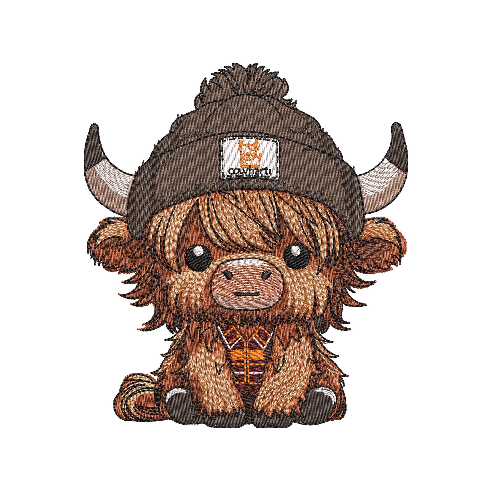 Highland Cow Embroidery Design – Cozy Baby Cow in Beanie Hat and ...