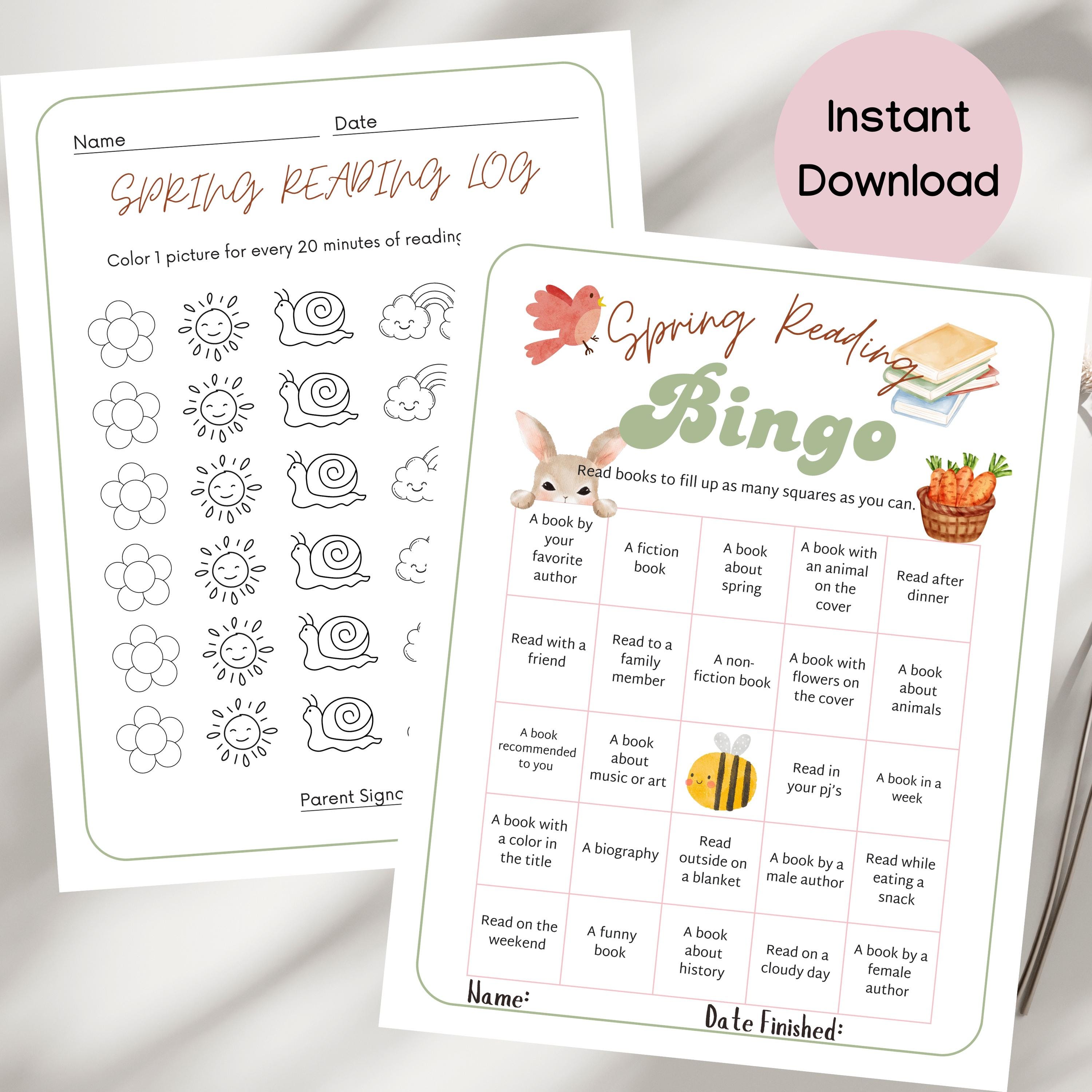 Spring Reading Log and Bingo Sheet Bundle, Homeschool Reading Activity ...