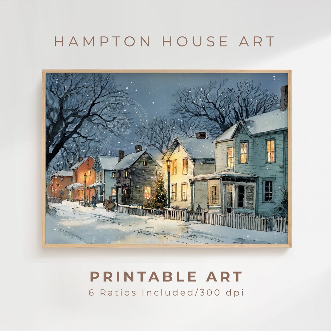 Cozy Vintage Winter Town Scene Print Snowy Night Landscape Peaceful ...